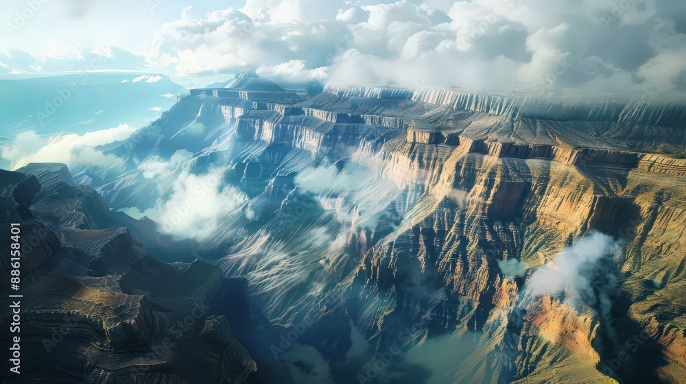 Depict an aerial panorama of a canyon with a dramatic sky, featuring ...