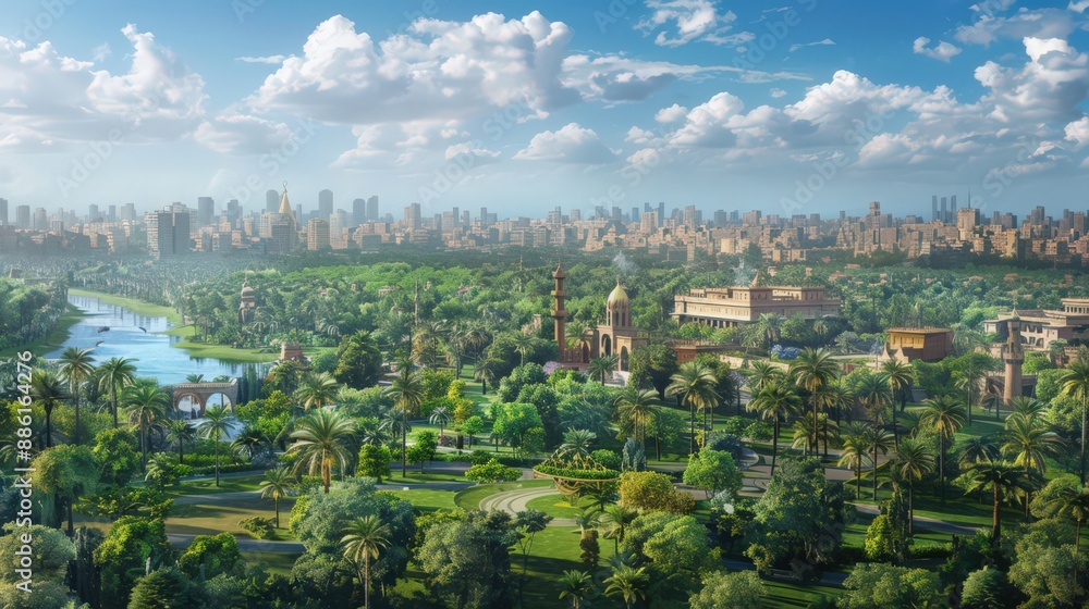Depict the greenery of Al-Azhar Park in Cairo, sprawling beneath the ...