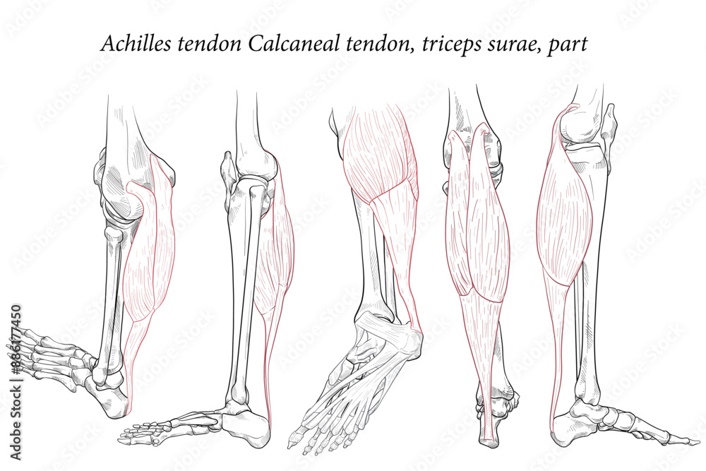 Medical illustration side view of Foot Achilles tendon Calcaneal tendon ...