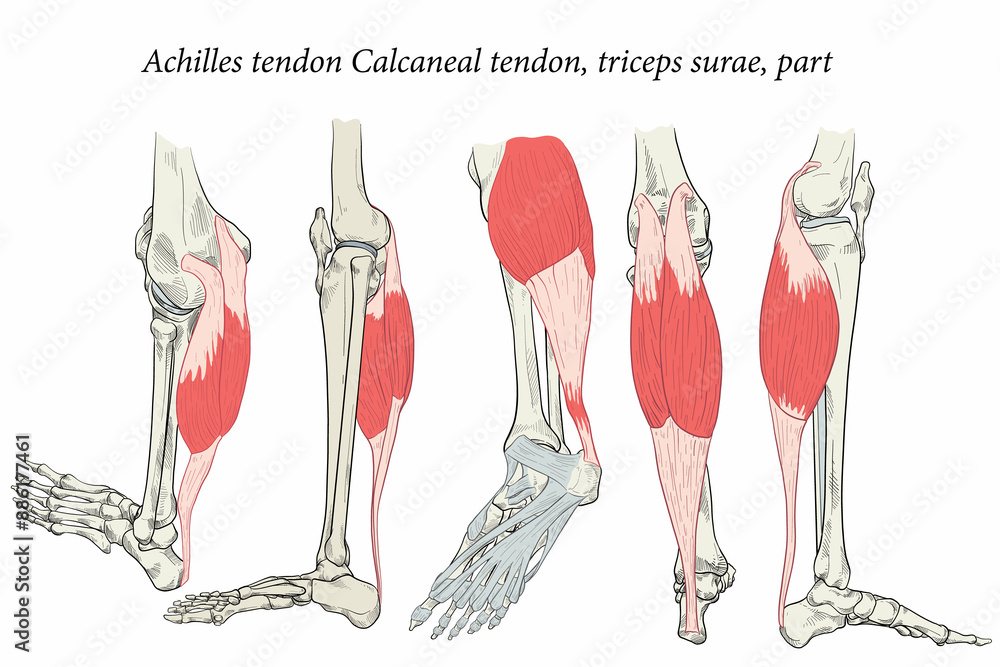 Medical illustration side view of Foot Achilles tendon Calcaneal tendon ...