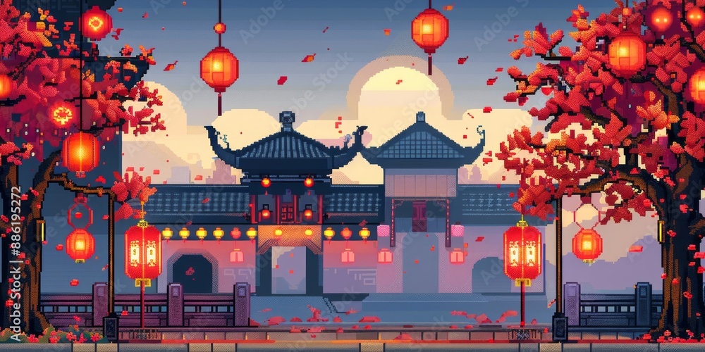 Pixel Art Chinese Street with Temple, Lanterns, and Trees, Celebrating Lunar New Year with 8-bit ...