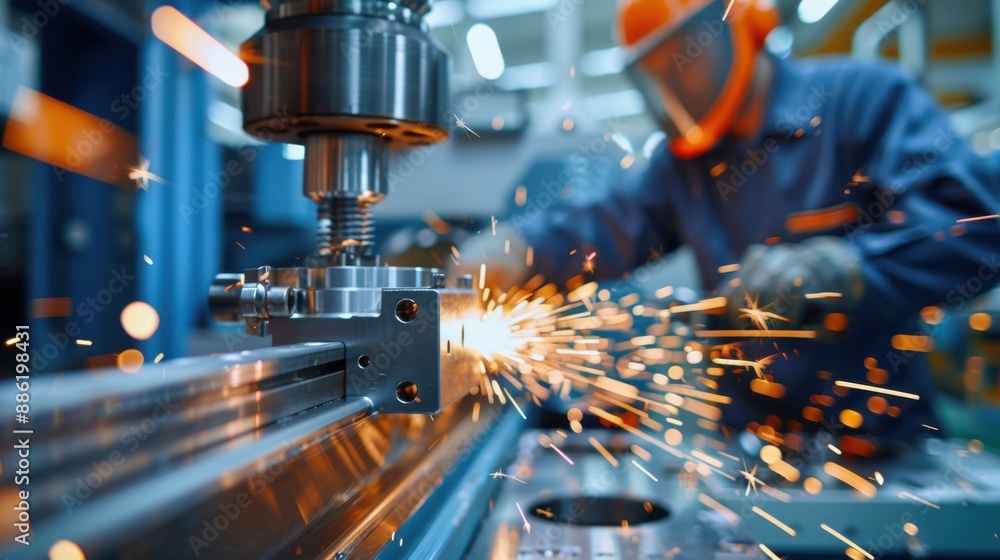 An engineer inspecting freshly machined parts on a conveyor belt inside ...