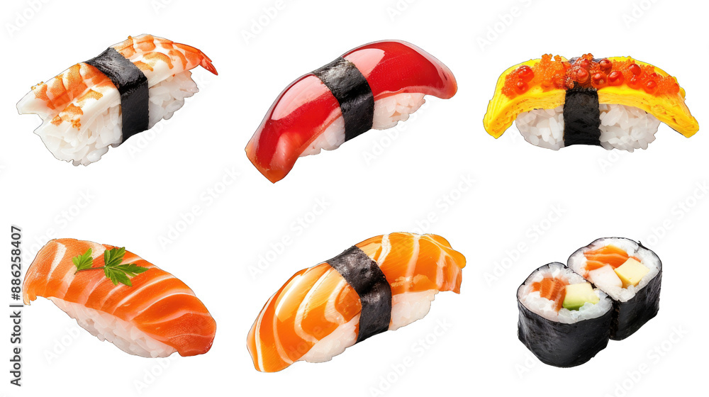 Large set of different types of maki sushi. Transparent background or ...