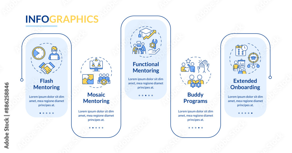 Types of mentor support blue rectangle infographic template. Data ...
