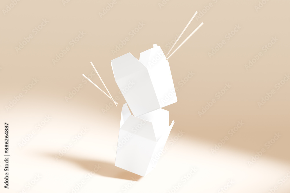 Rendering of two floating white empty take away meal box with chop ...