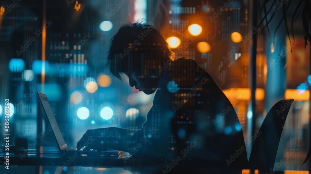 Silhouette of a hacker using a digital device with a transparent ...