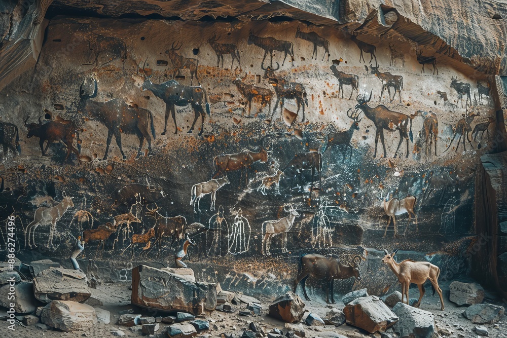 Ilustrace Ancient Cave Art. Prehistoric cave paintings. Old rock ...