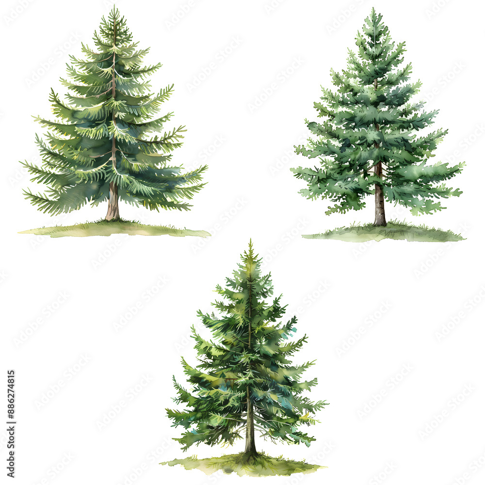 Trees front view, PNG, watercolor style vector tree, pine ...