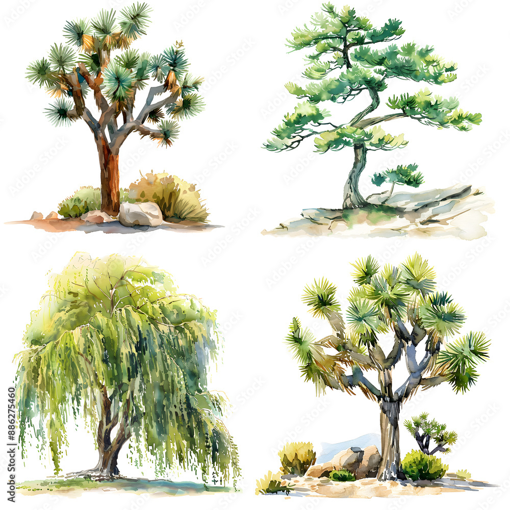 Trees front view, PNG, watercolor style vector tree, Huangshan pine ...