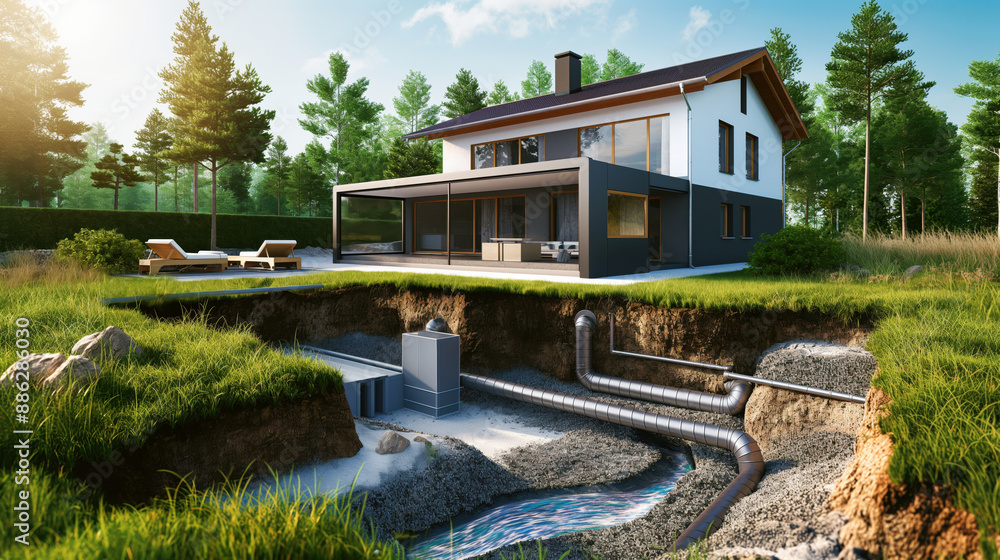 Modern house on green plot with visible cross-section showing ...