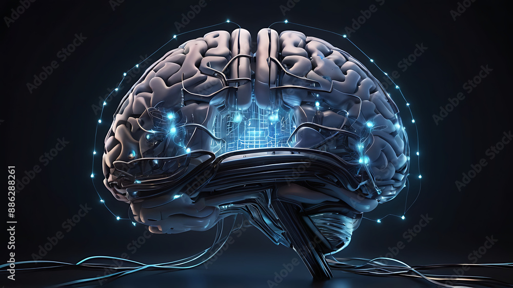 A glowing, digital brain with interconnected circuits and nodes, symbolizing the concept of ...