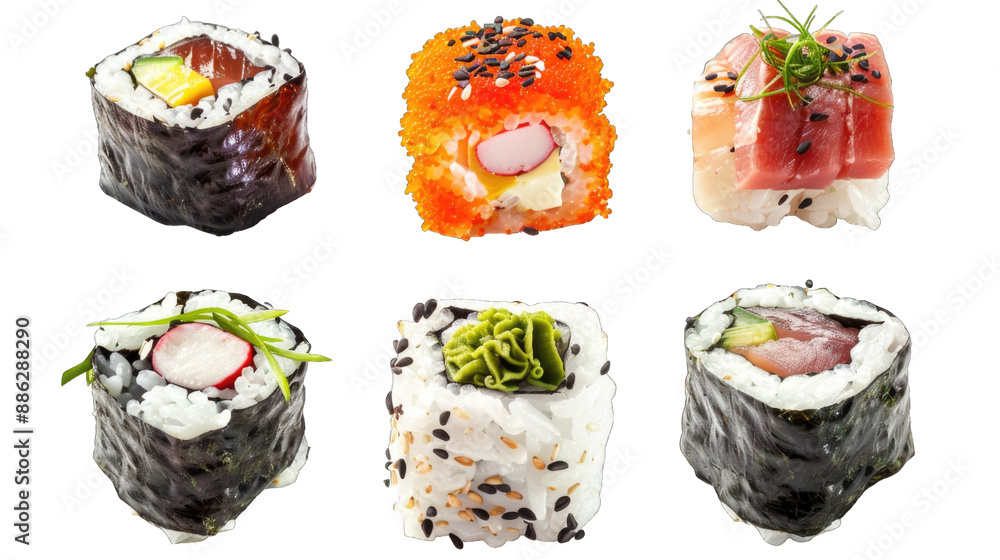 Large set of different types of maki sushi. Transparent background or ...