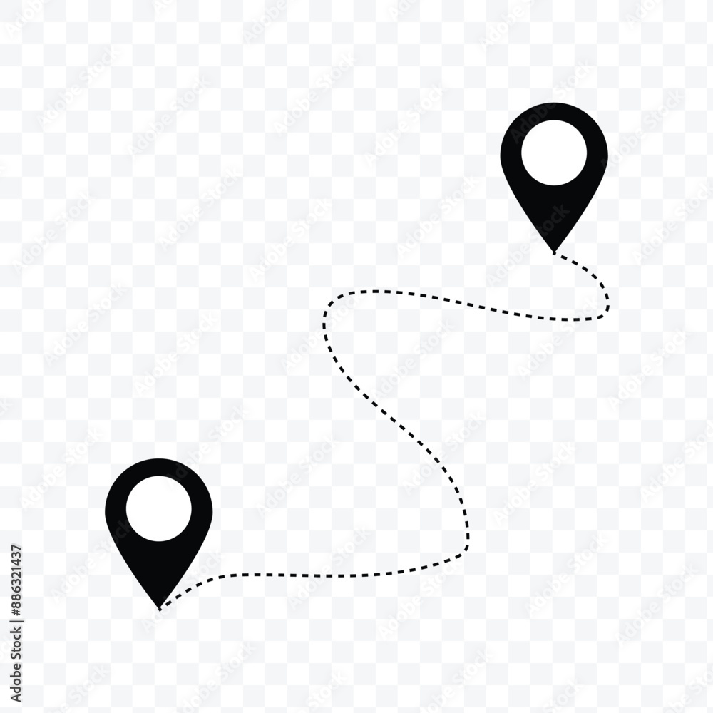 Route icon between two points with dotted path and location pin. Location pointer continuous one ...