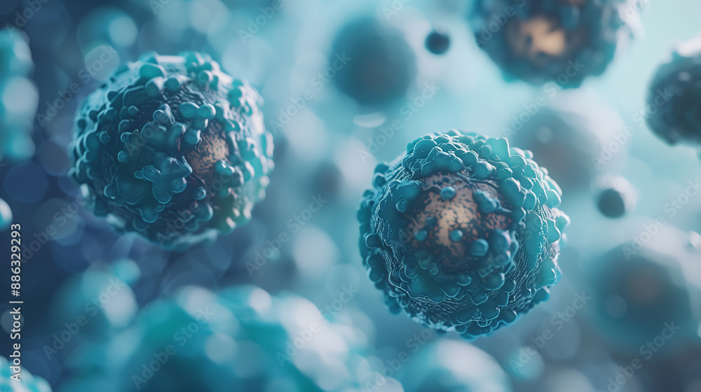 blueish gray circular cancer cells on a medical background with other ...