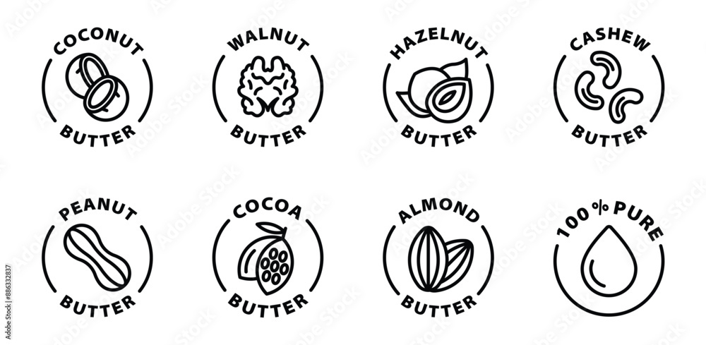 vegan butter icon set coconut walnut hazelnut cashew peanut cocoa almond butter pure black ...