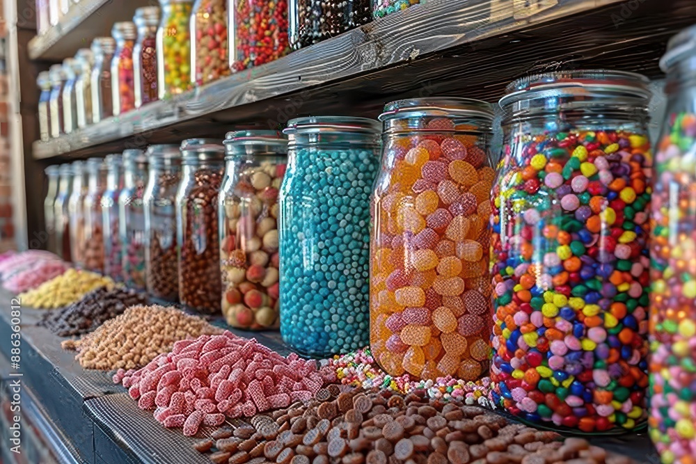 A vibrant candy store display with jars filled with different types of ...