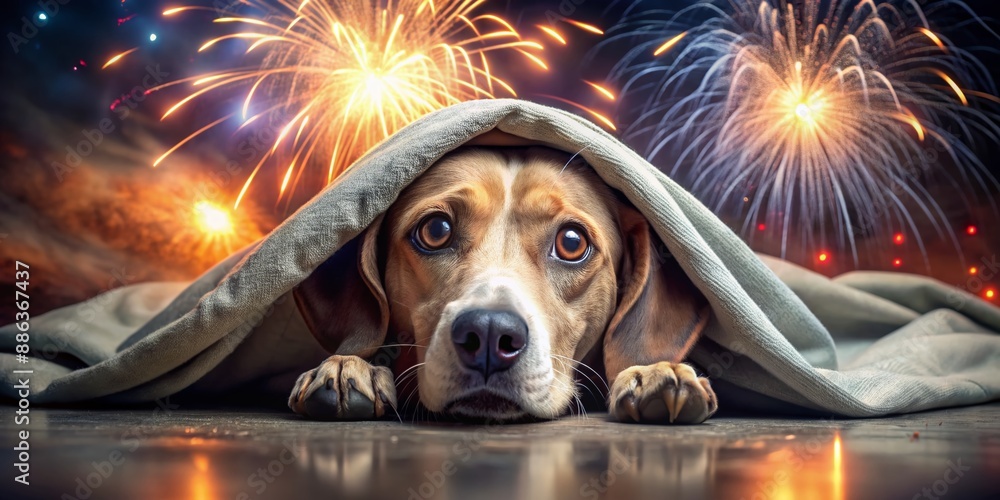 Anxious dog cowers under a crumpled blanket, its big brown eyes peeking ...