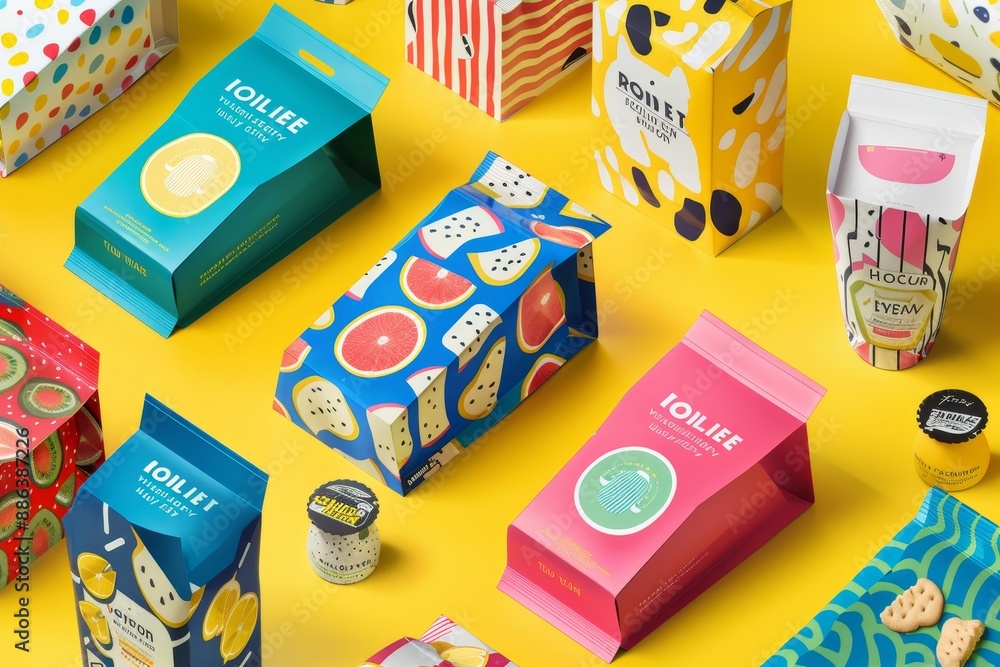 Various vibrant packaging designs displayed on a bright yellow background, Developing eye ...
