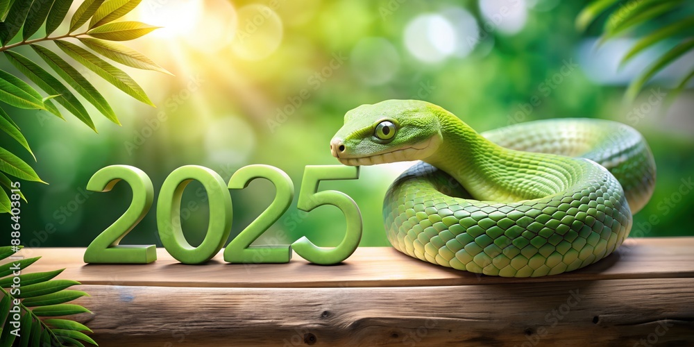 Fantasy cute green snake with numbers 2025, great design card on ...