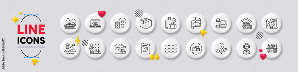 Baggage reclaim, Delivery plane and Map line icons. White buttons 3d ...