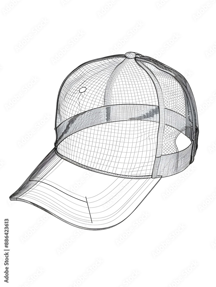 Technical drawing illustration of a trucker hat snapback. Blank ...