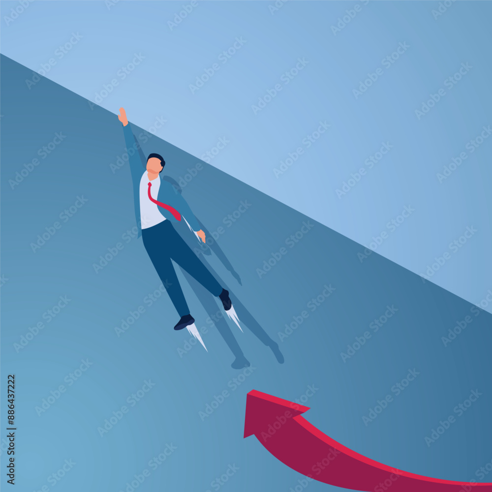 A man jumps from a graphic arrow towards a high wall to get over it, an ...