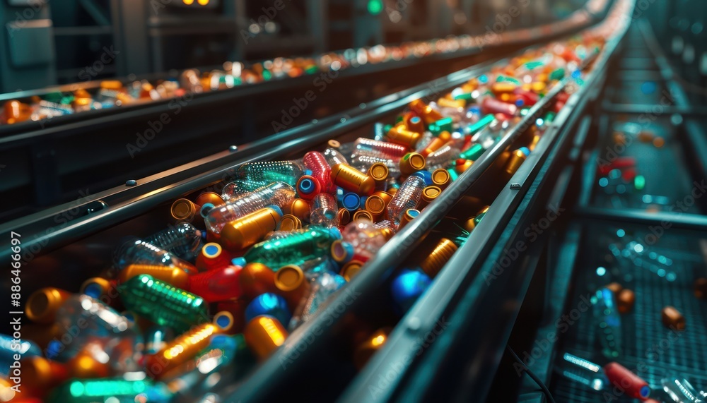 Conveyor Belt Filled With Colorful Plastic Bottles, Recycling Plant ...