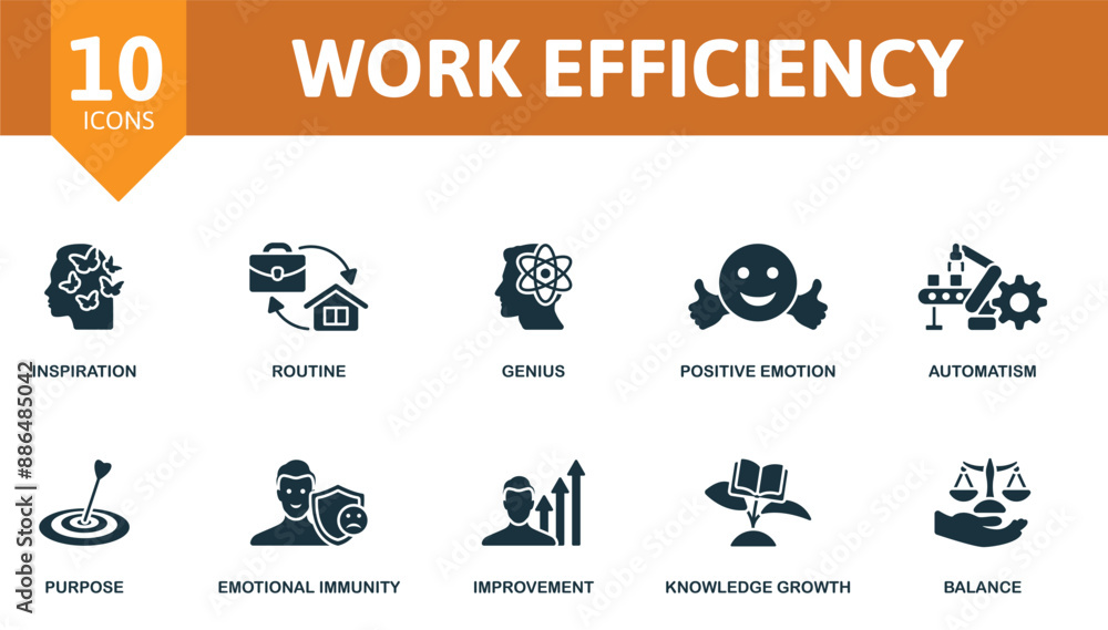 Work Efficiency icon set. Inspiration, Routine, Genius, Positive ...