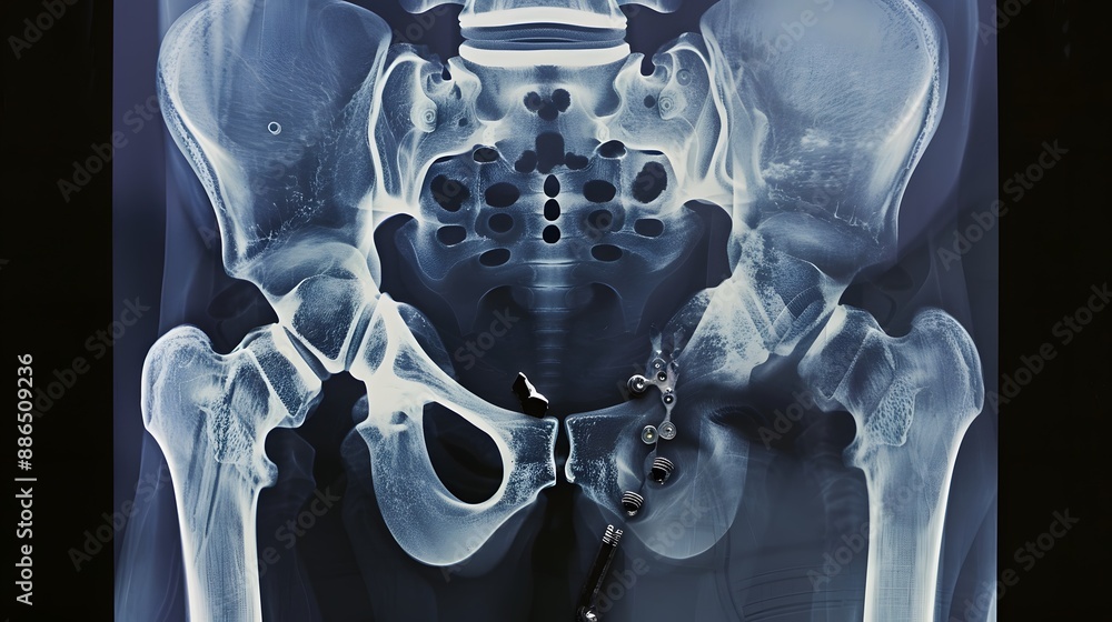 X-Ray of a Hip Replacement: X-ray image of a human hip with a ...