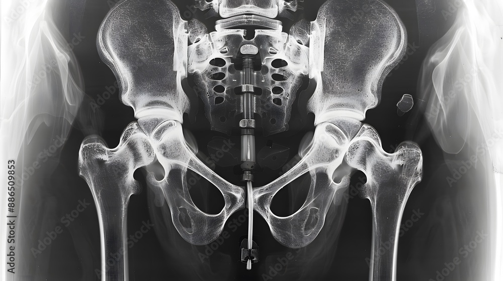 X-Ray of a Hip Replacement: X-ray image of a human hip with a ...
