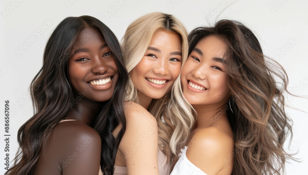 Three beautiful diverse smiling women African American models, flawless ...