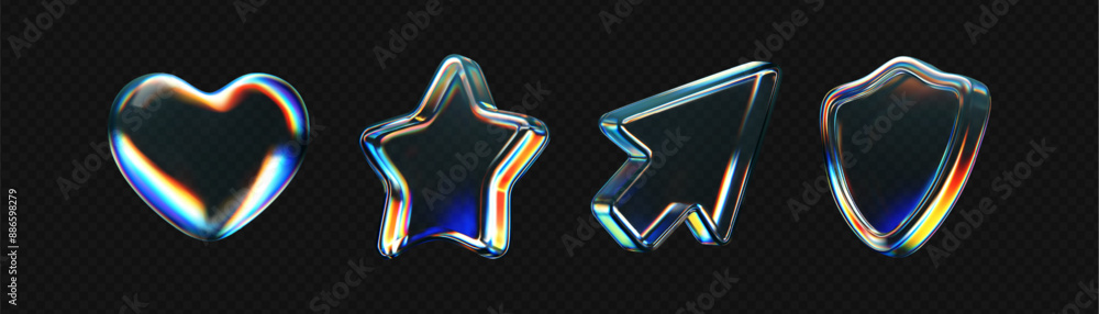 3d glass icon - heart, star, arrow, protect shield with refraction ...