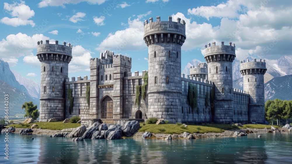 Medieval stone castle with towers, surrounded by a calm lake and ...