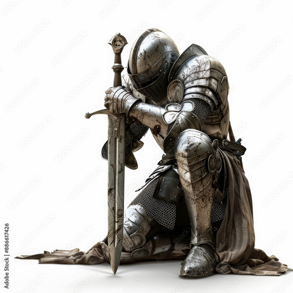 A knight in gleaming armor, kneeling with a sword planted in the ground ...