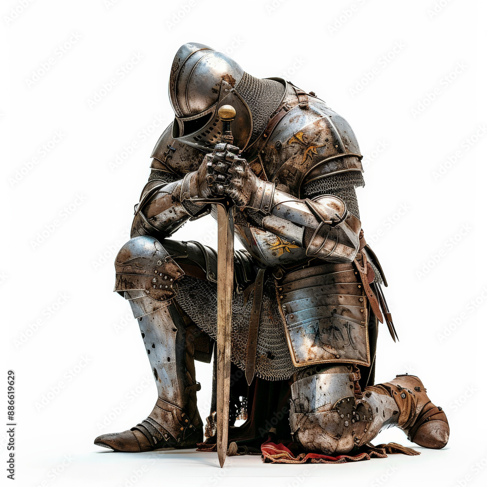 A knight in gleaming armor, kneeling with a sword planted in the ground ...