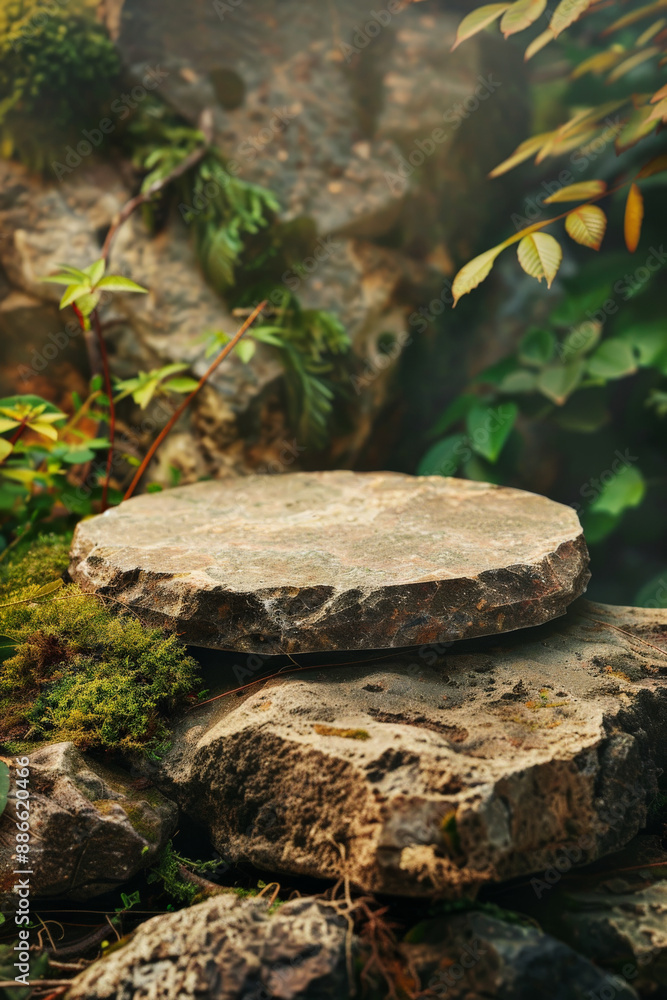 Rough quartzite stone podium for product presentation on a rugged ...