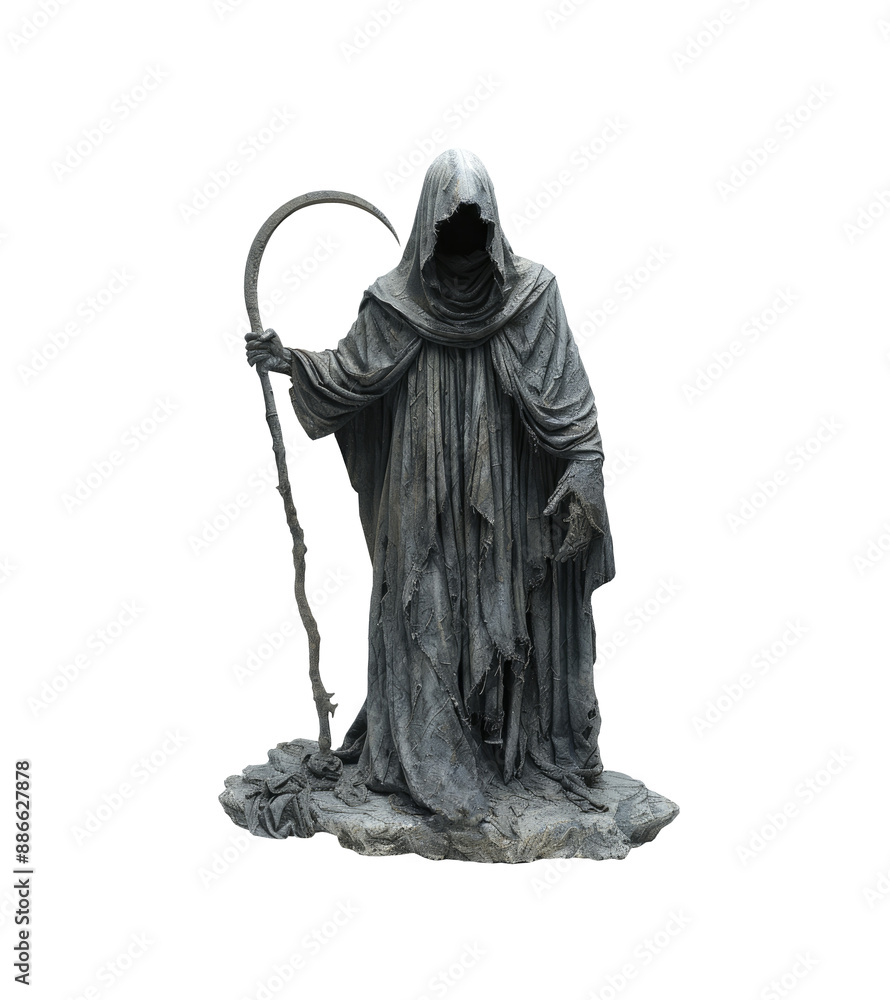Grim reaper statue with hooded cloak and scythe, isolated on ...