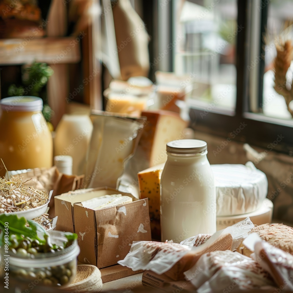 Eco-friendly Dairy Products Packaging with Biodegradable Cartons and Reusable Cheese Wraps Stock ...
