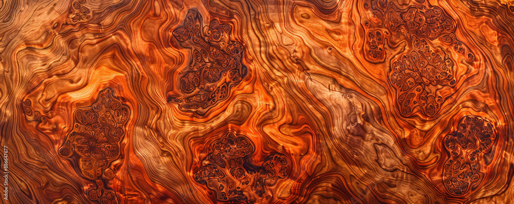 A detailed view of burl wood paneling with its unique, swirling grain ...