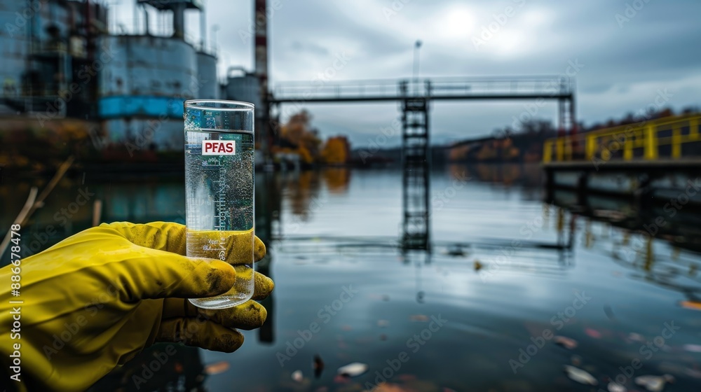 PFAS contamination test tube with river water samples near factory ...