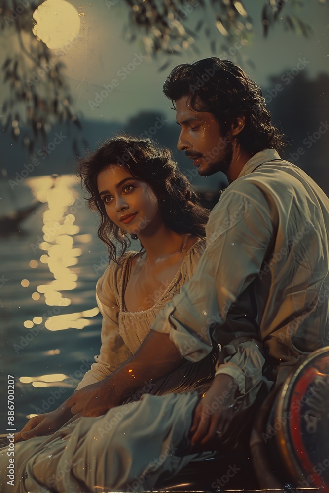Vintage scene: Bangladeshi actor & actress on boat, moonlit river. Old ...