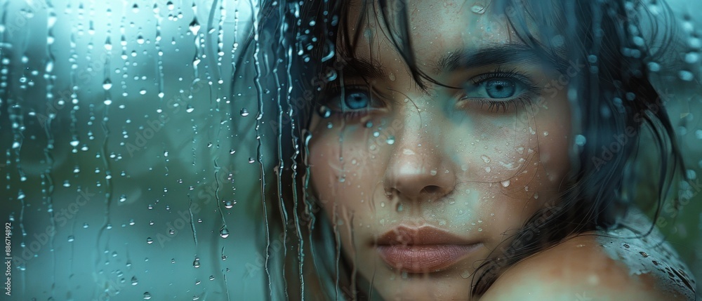 A young woman gazes out of a rainy window, her face marked by tears and ...