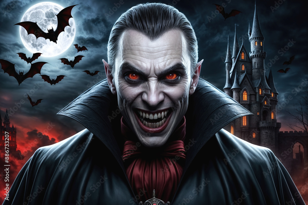 Scary vampire count smiling showing fangs in front of castle with bats ...