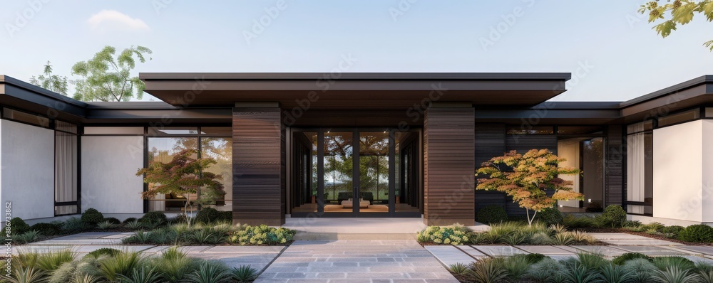 Modern single-story house with minimalist design, large glass windows ...