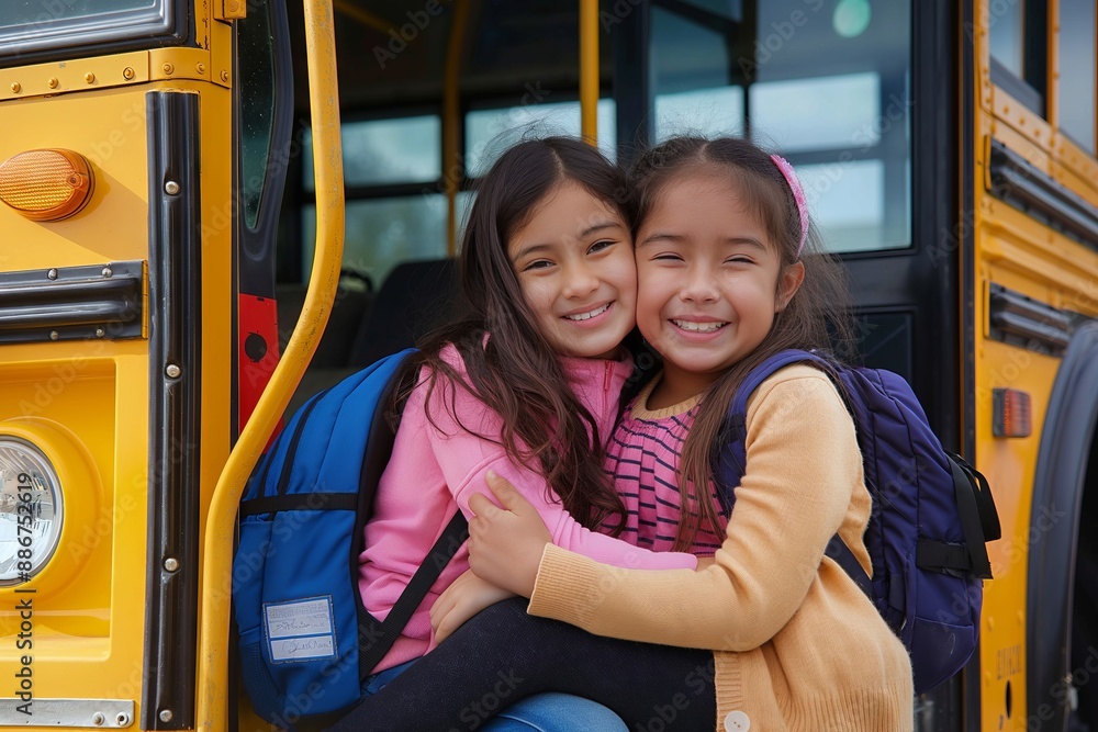 Two young girls are sitting on a school bus, smiling and hugging each ...