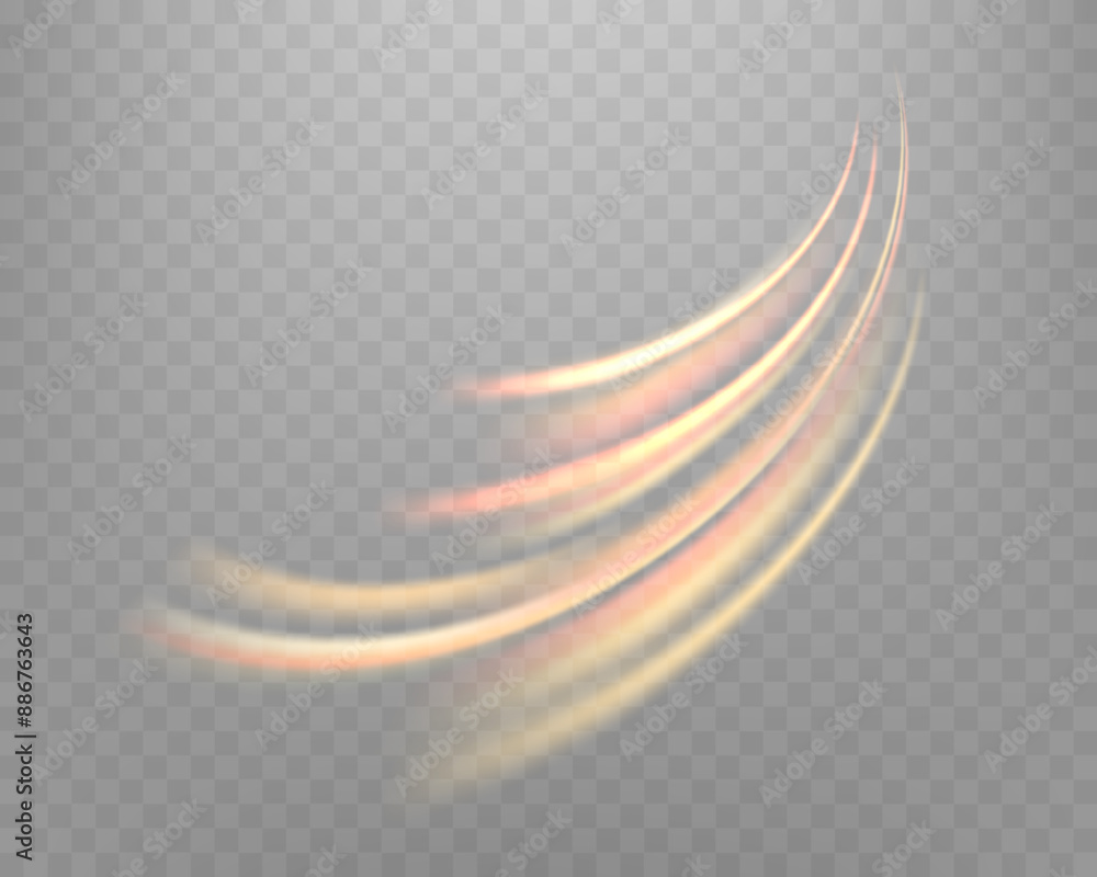 Glowing orange lines. Neon realistic energy speed. Abstract light effect on a transparent ...