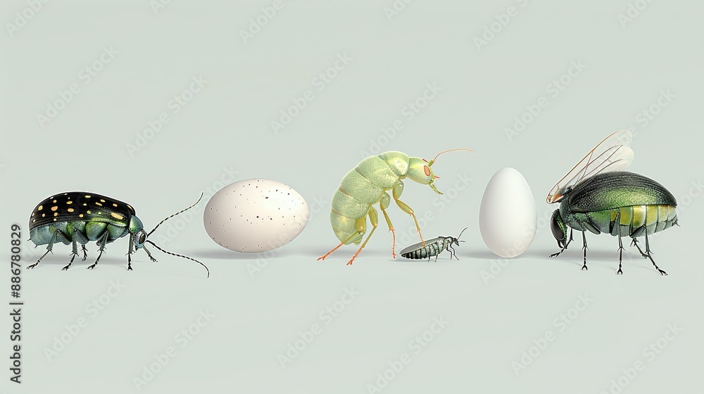 Cartoon strip illustrating the lifecycle of insects, from egg to larva ...