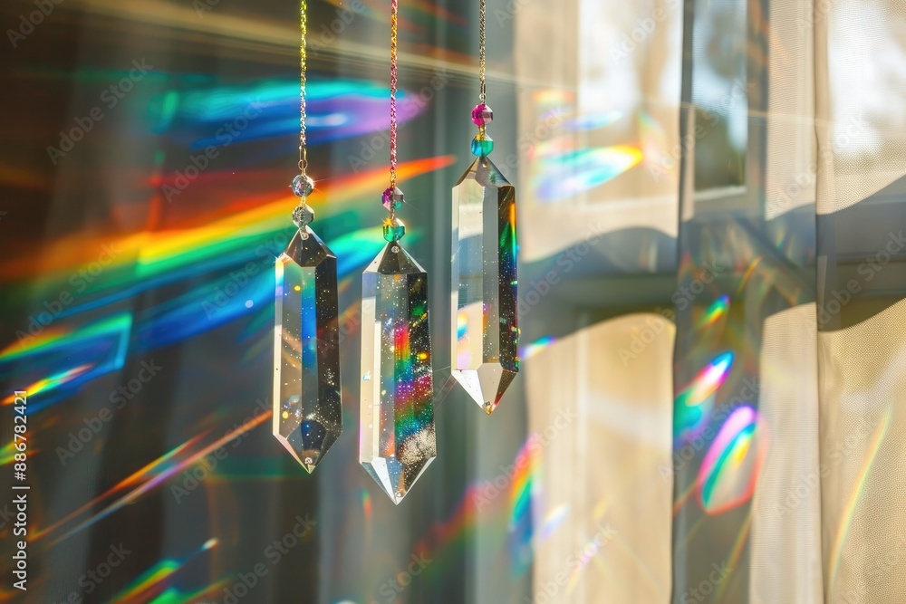 Sun catcher hung in a window with radiant rays passing through white ...