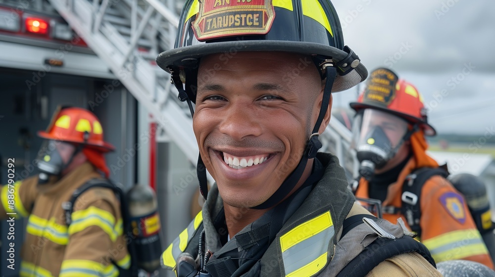 Foto de Stock Content firefighter demonstrating safety procedures and ...
