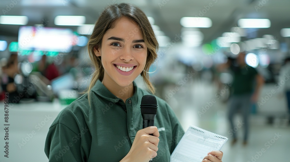Stock-Foto „Journalist smiling while holding a microphone and notepad ...